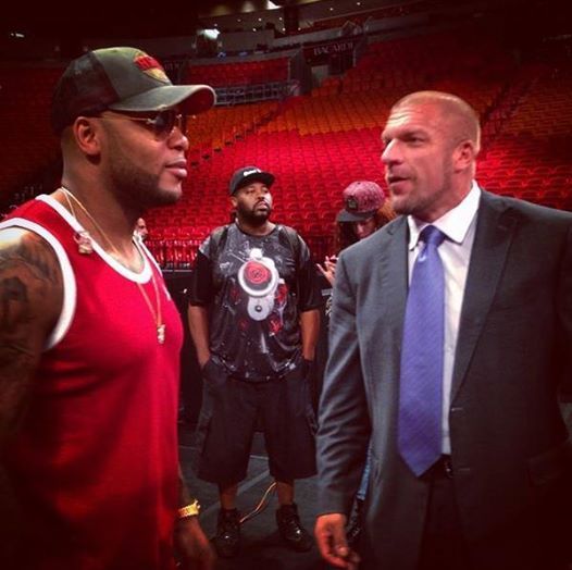 Flo Rida attends and performs at WWE RAW Media Man Int